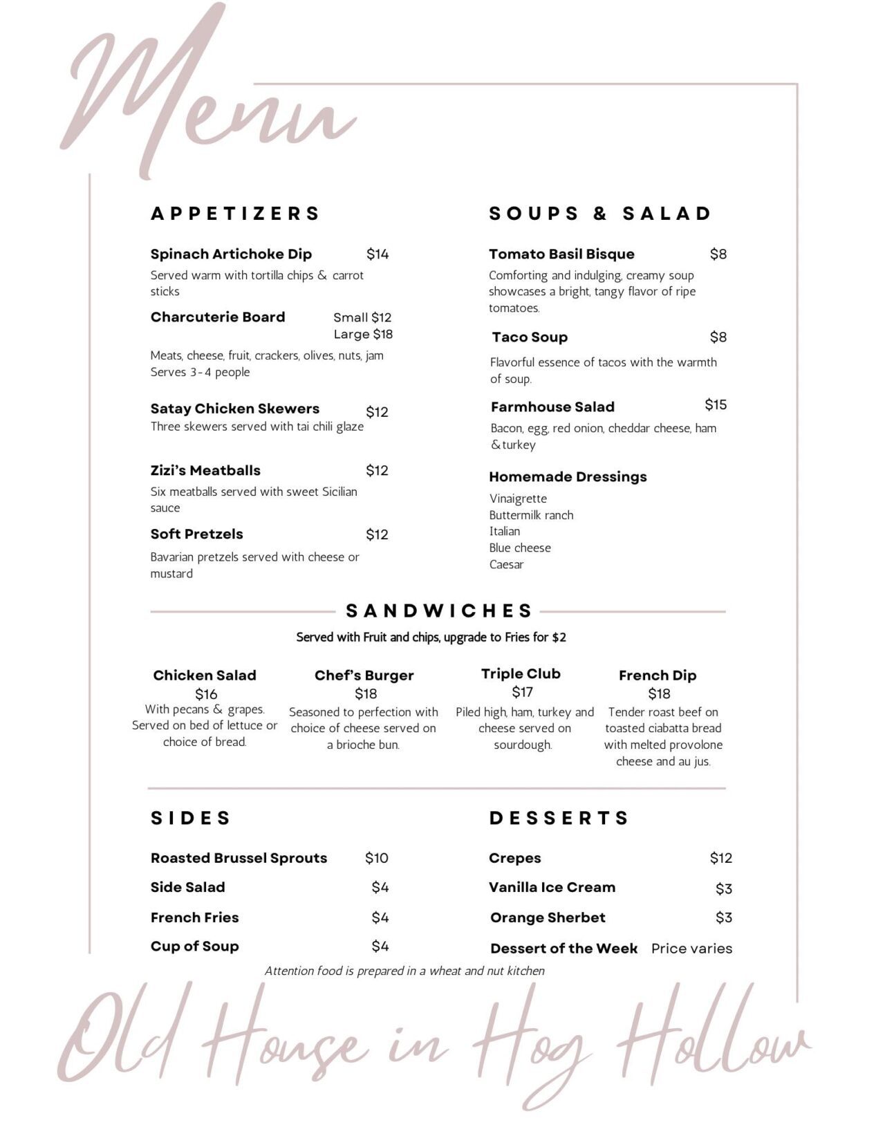 Menu | Old House in Hog Hollow | MO